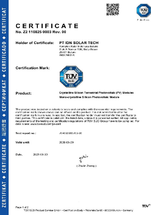 Sertifikasi - The World's Leading of Solar PV Solution